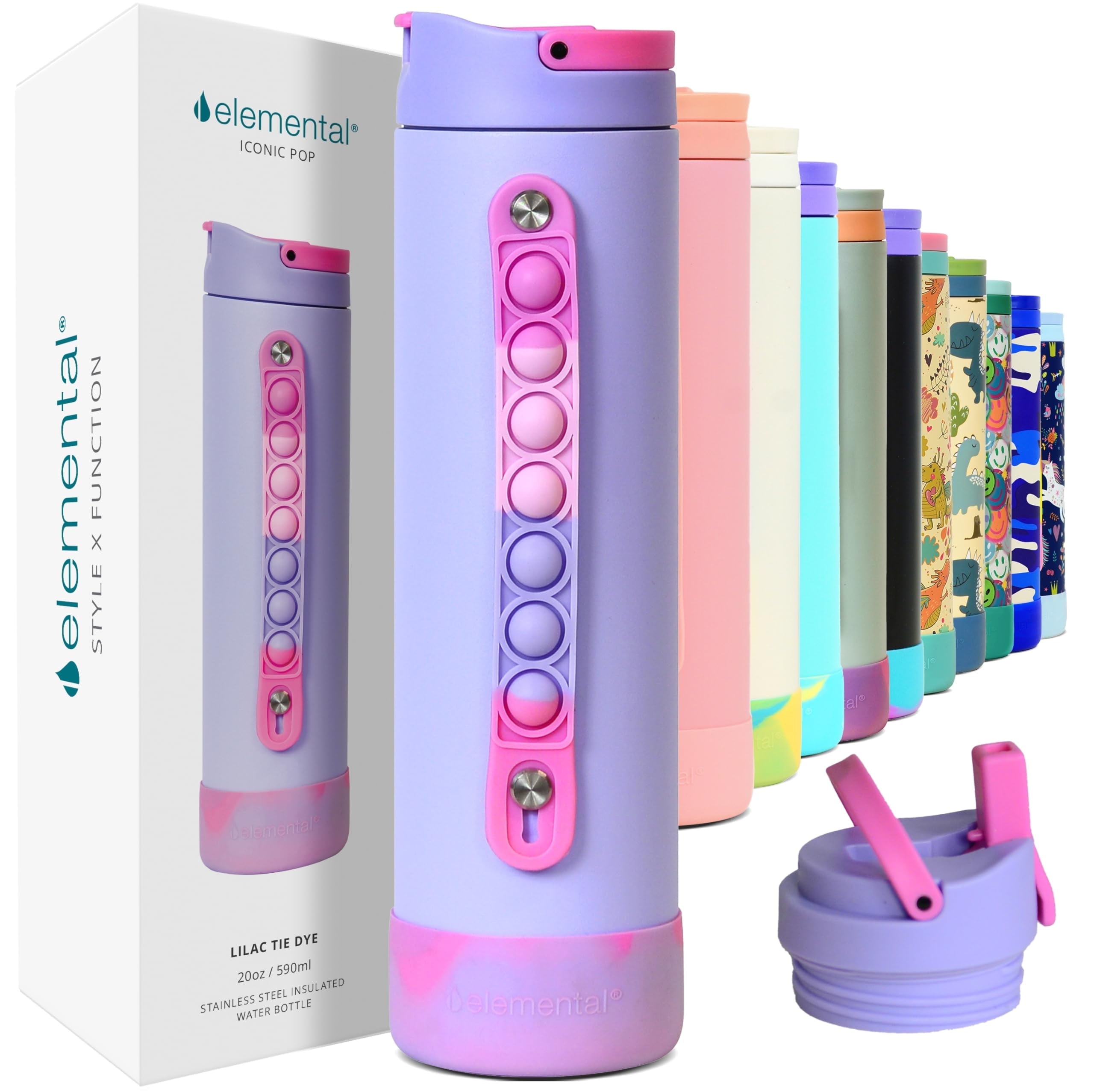 Elemental Iconic Kids Water Bottle with Straw Lid & Stress Reliever Pop ...