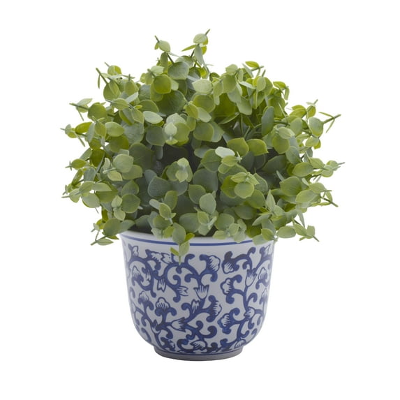 Elements 10 inch Artificial Boxwood in Ceramic Pot, Blue and White ...