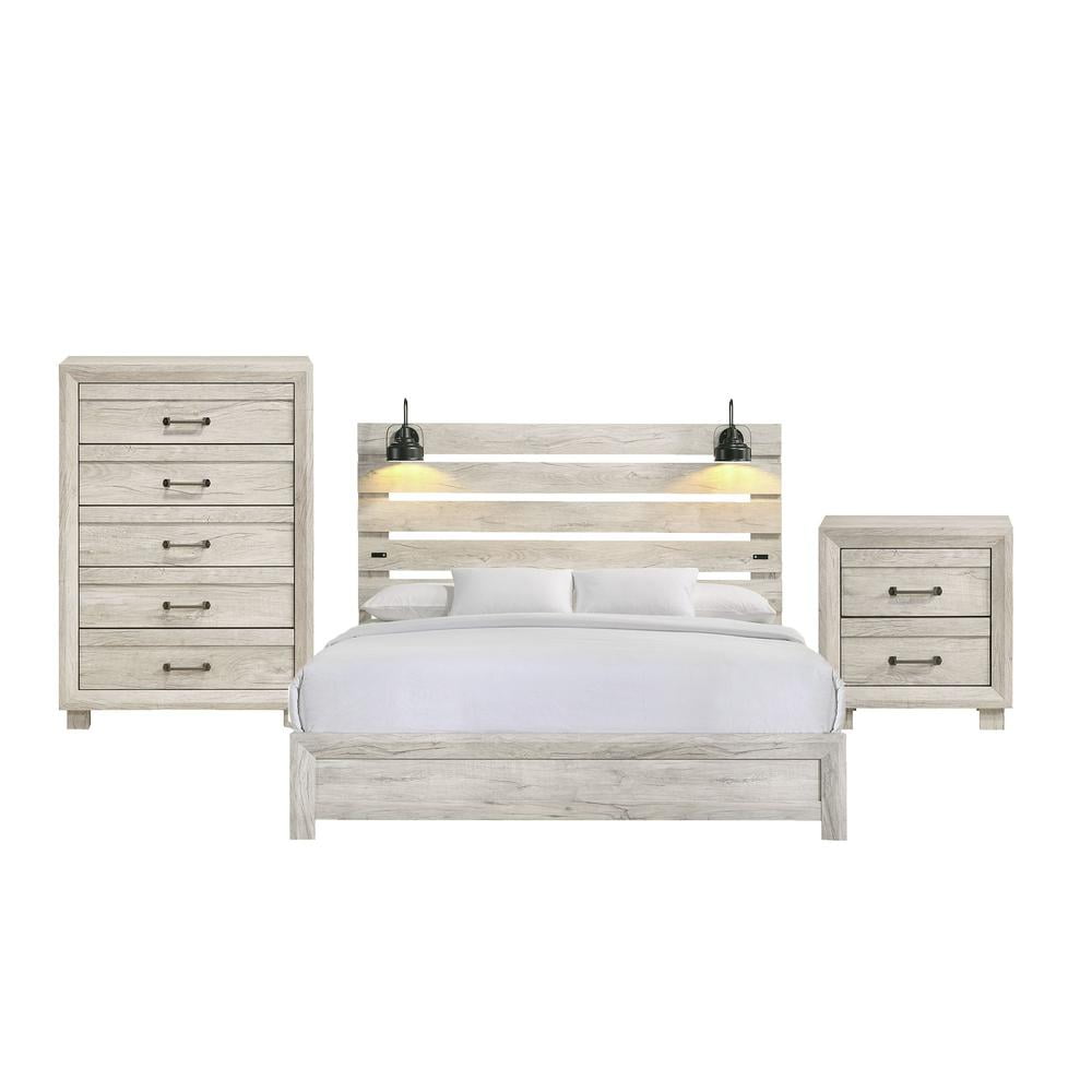 Elements Tarrant King with Lights & USB 3PC Bedroom Set in White ...