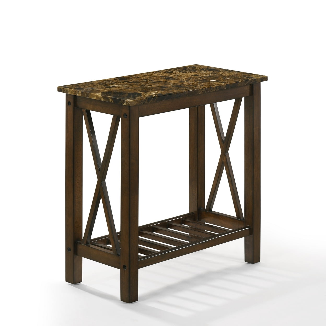 Elena 24 Inch Narrow Side Table Lower Slatted Shelf Faux Marble Brown ...