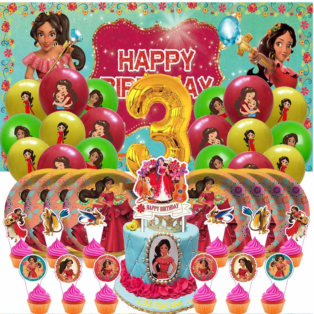 Elena Princess Balloons Party Supplies 3rd Decor Tableware Birthday Cake Topper Decorations ...