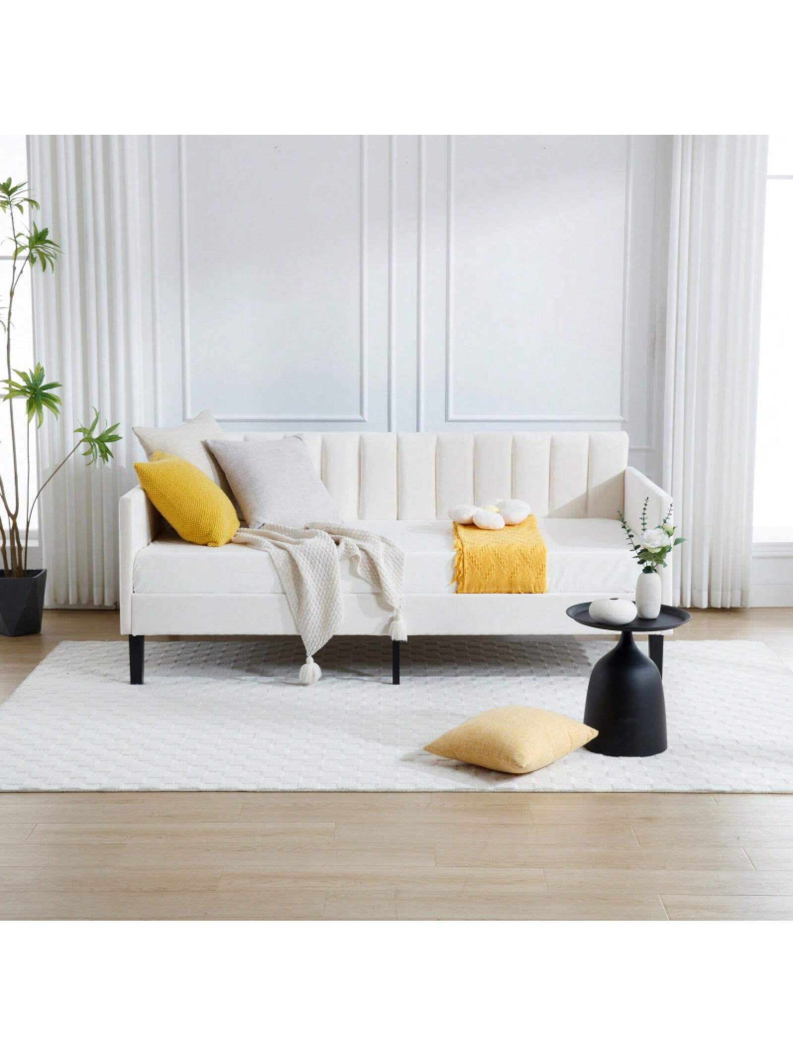 Elena Twin Size Daybed – Beige Velvet Upholstered, Ribbed Tufted ...