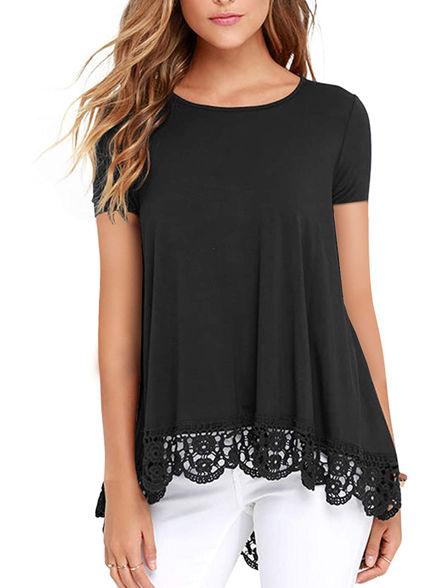 Elenxs Women Lace Splicing Crochet Hollow Hem Short Sleeves Blouse - Walmart.com