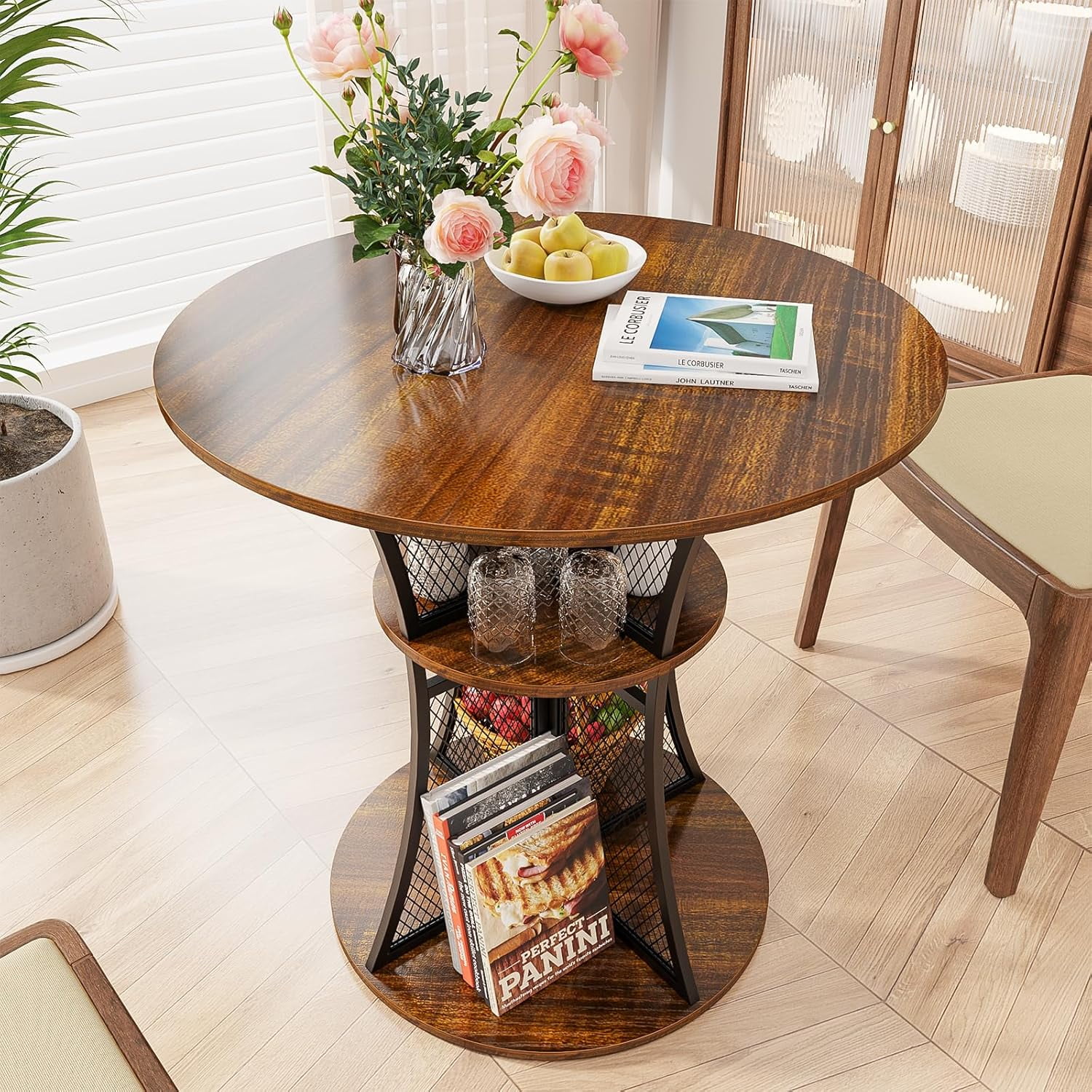 Round Dining Table Kitchen Bar Table with 2-Tier Metal Frame Storage ...