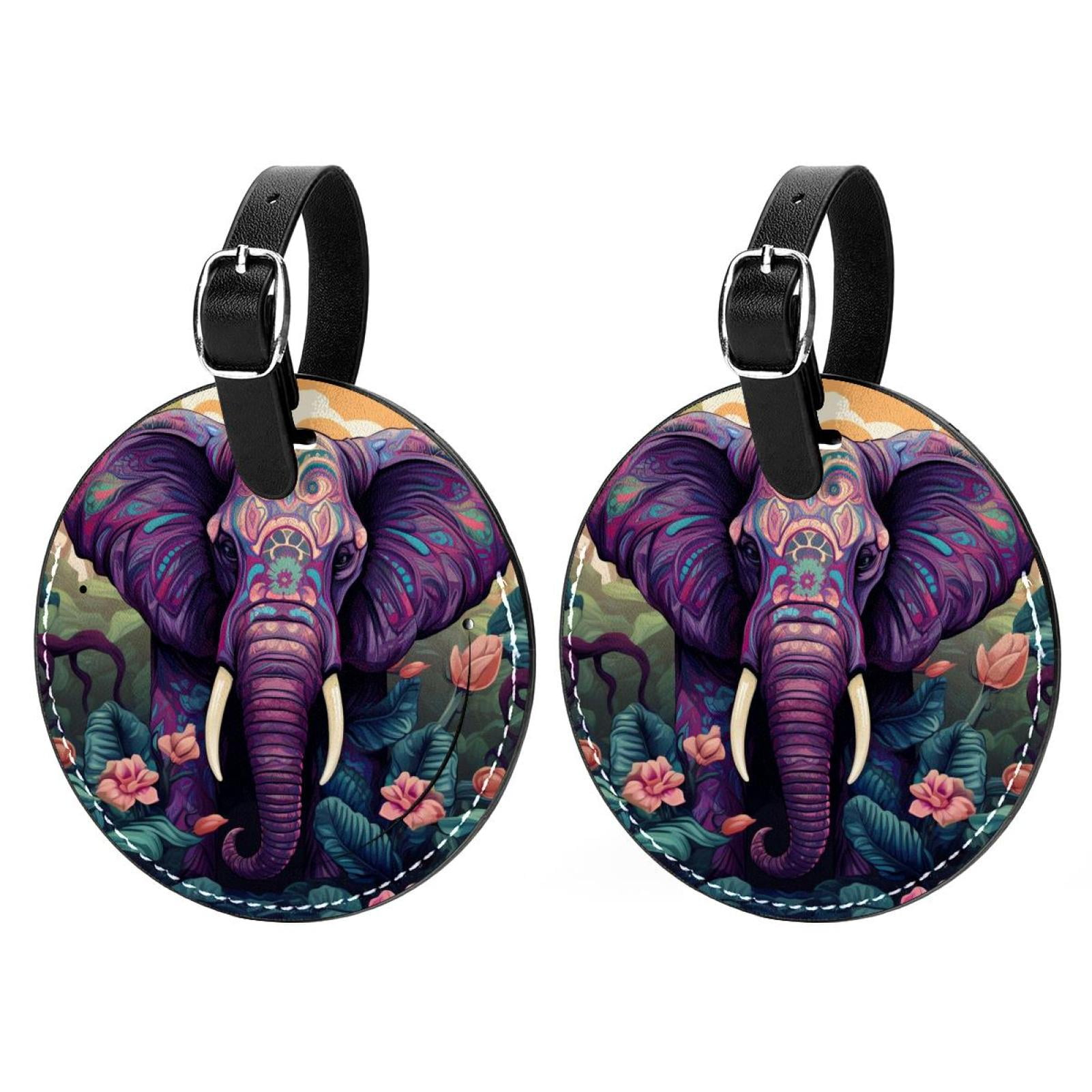 Elephant 2pcs PU Leather Round Bag Tags with Privacy Cover and Name ID ...