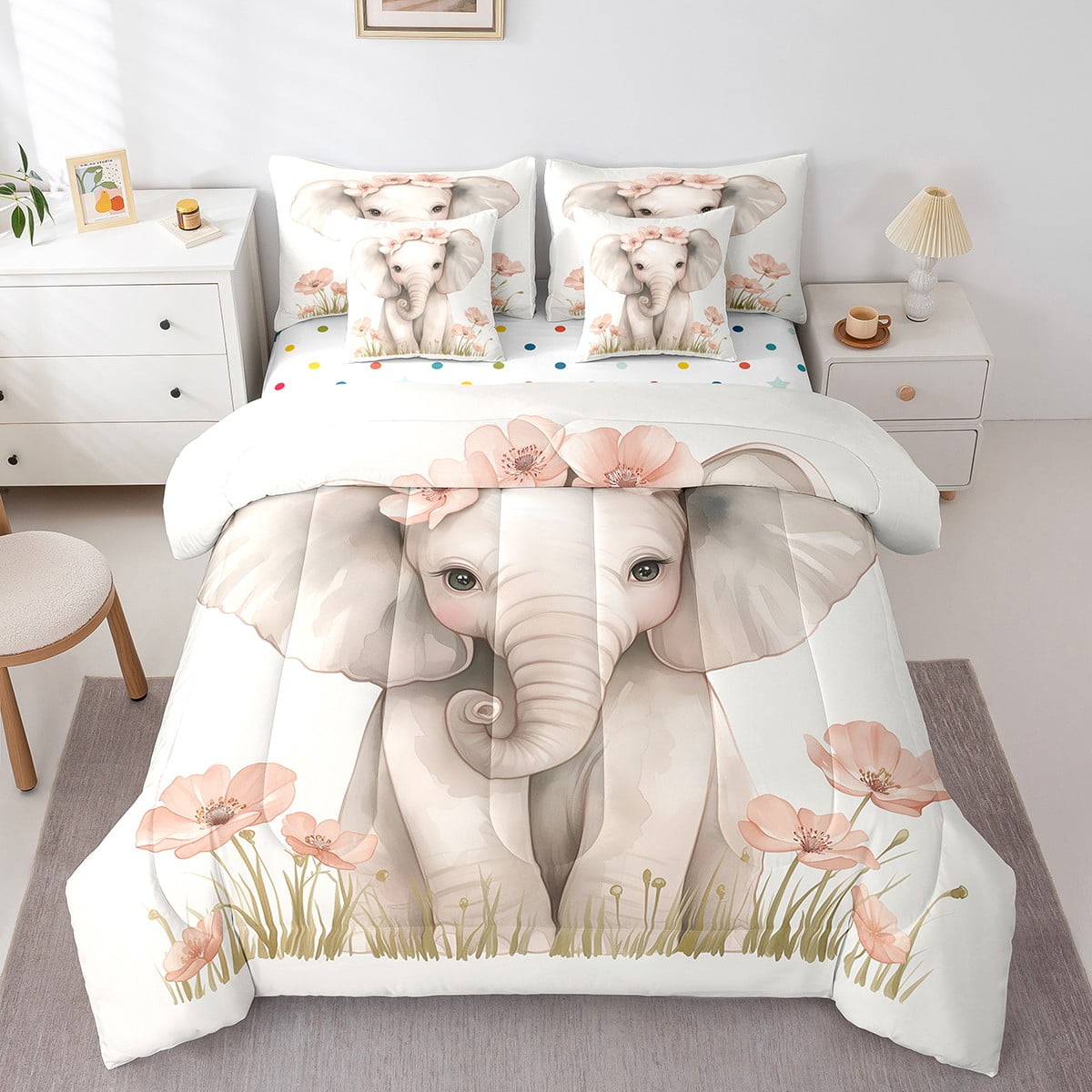 Elephant 7-Piece Comforter Set Cute Pink Poppy Bedding Set,Kawaii ...