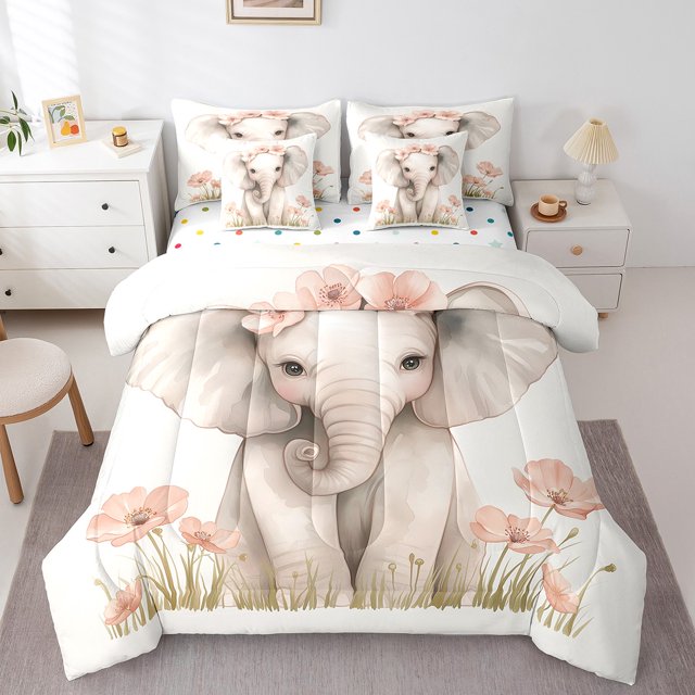 Elephant 7-Piece Comforter Set Cute Pink Poppy Bedding Set,Kawaii ...