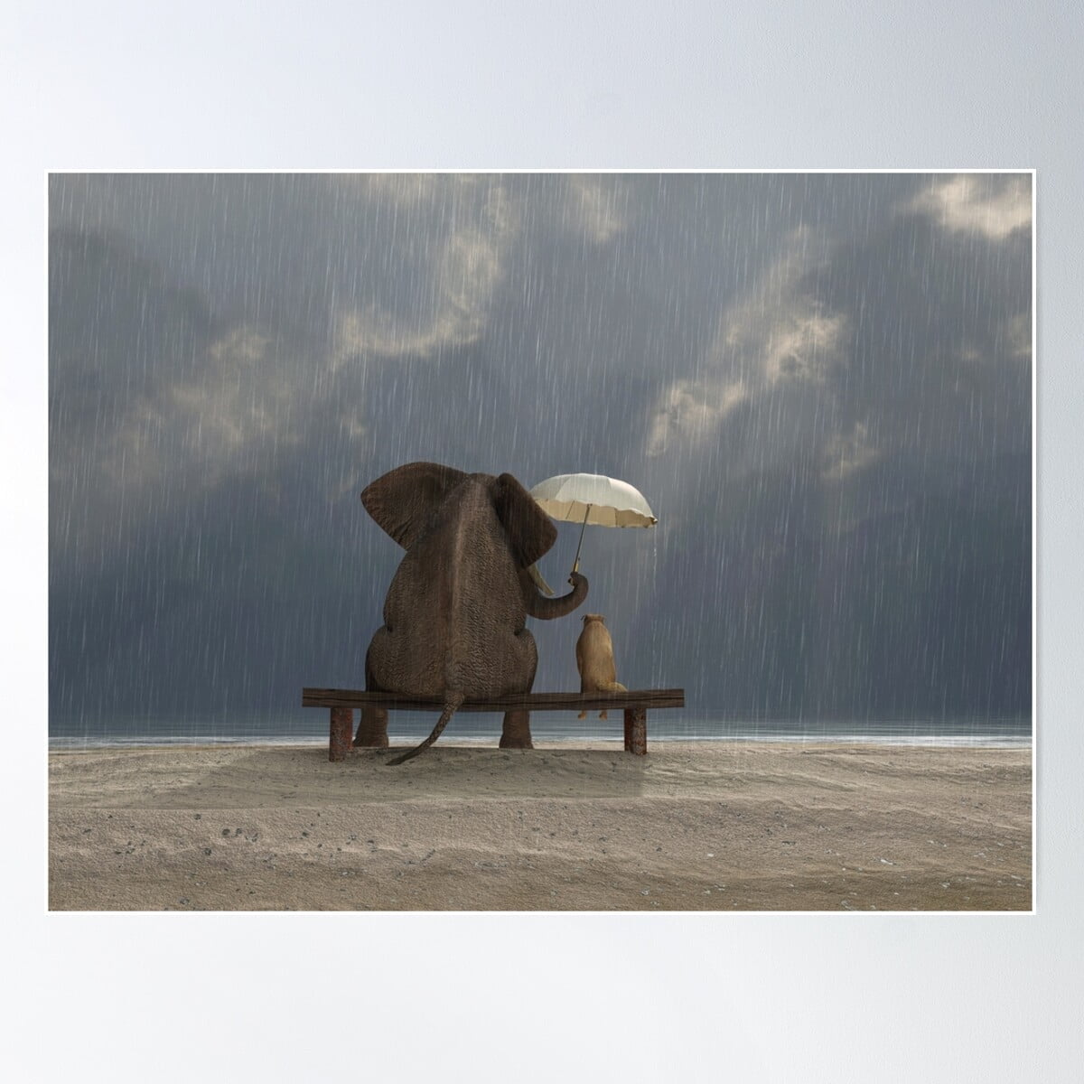 Elephant And Dog Sit Under The Rain Poster Wall Art, UNFRAMED PAPER ...