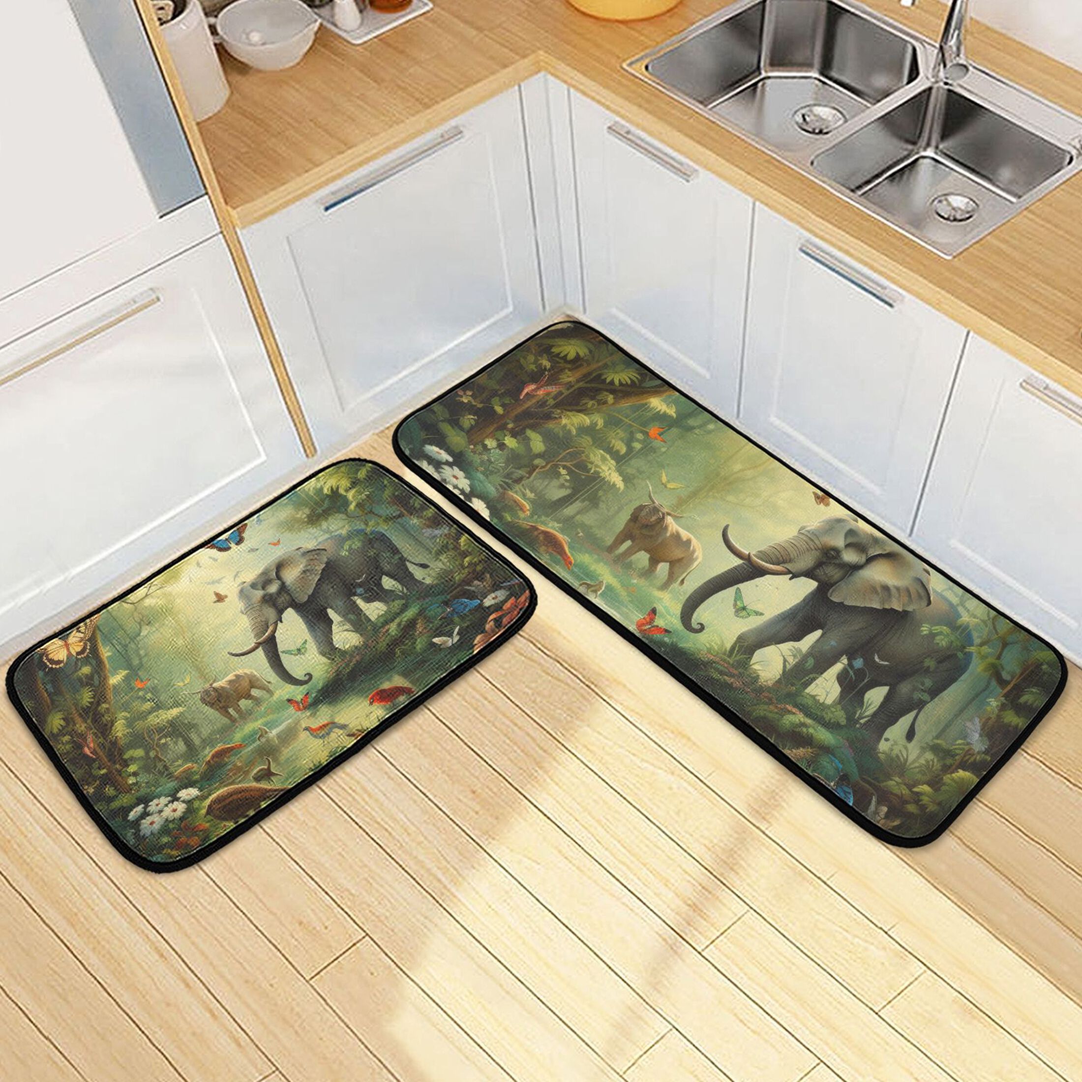Elephant Animals Butterflies in Forest Kitchen Rugs Set of 2 Non Slip ...