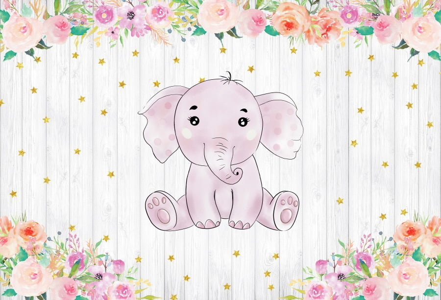 Elephant Baby Shower Backdrop Watercolor Flower Wood Board Star Girl ...