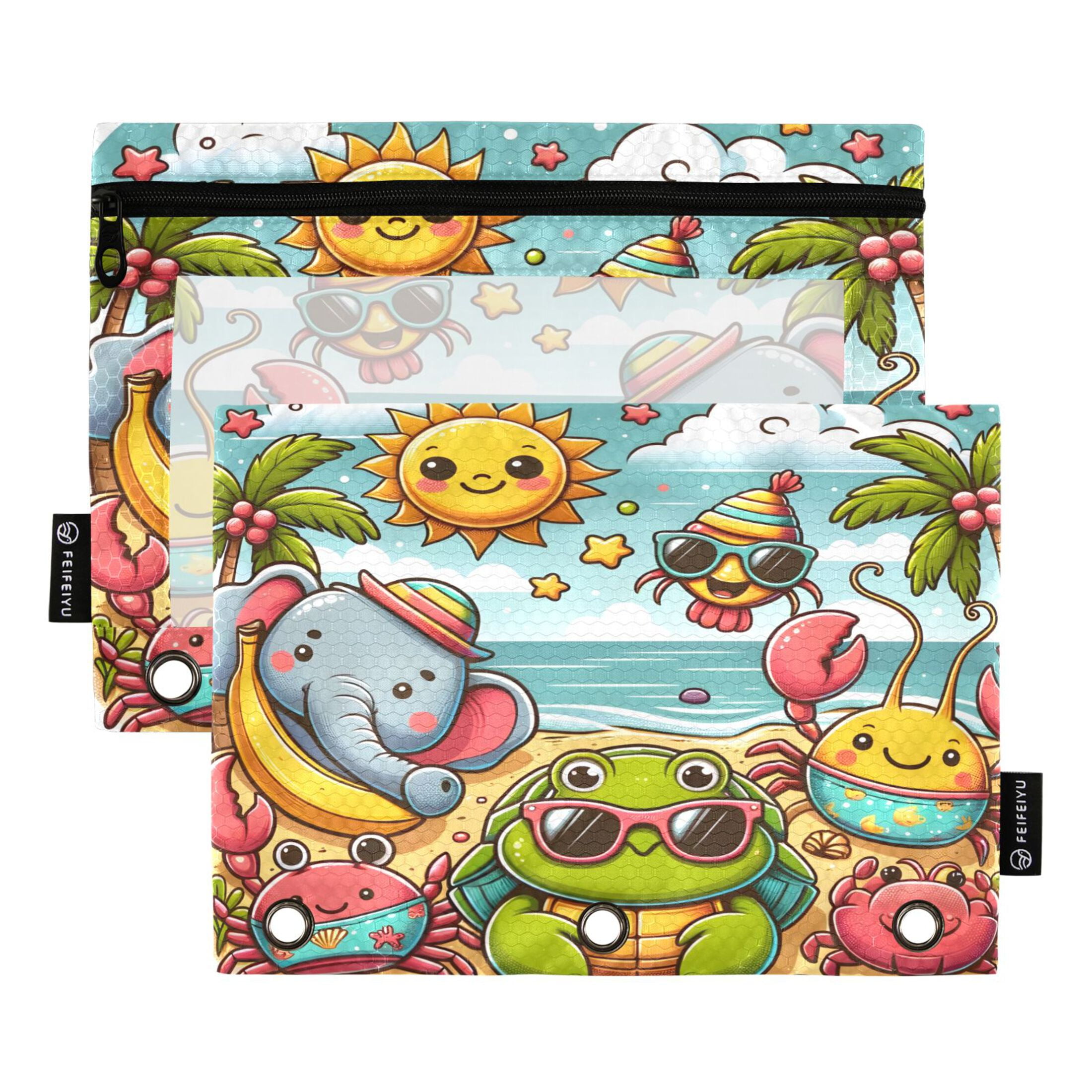 Elephant Banana Turtle Crab 2 Pack Pencil Pouch for 3 Ring Binder Smooth Zipper Folders with ...