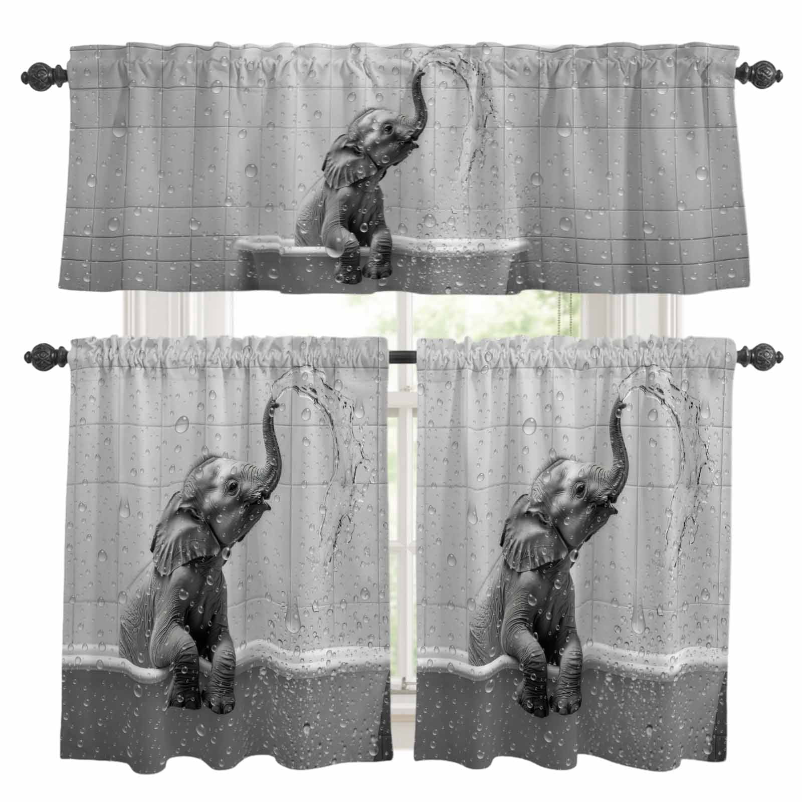 Elephant Bathtub Kitchen Curtains Valances and Tiers Set of 3 Bathroom ...