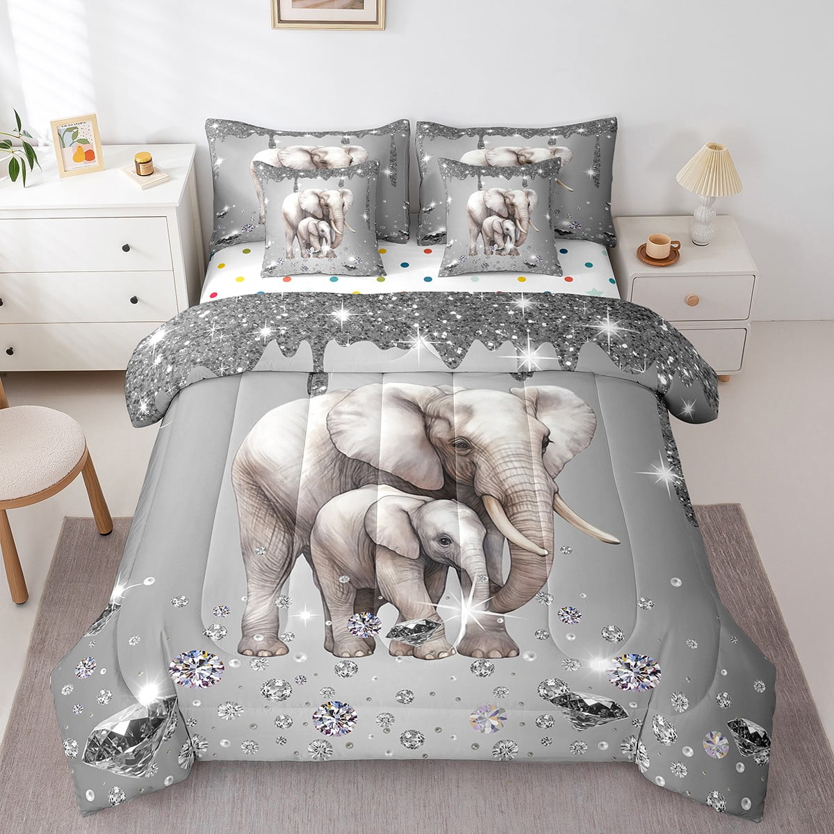 Elephant Bed in a Bag Queen Comforter Set 7 Piece,Sliver Sequin Fluid ...