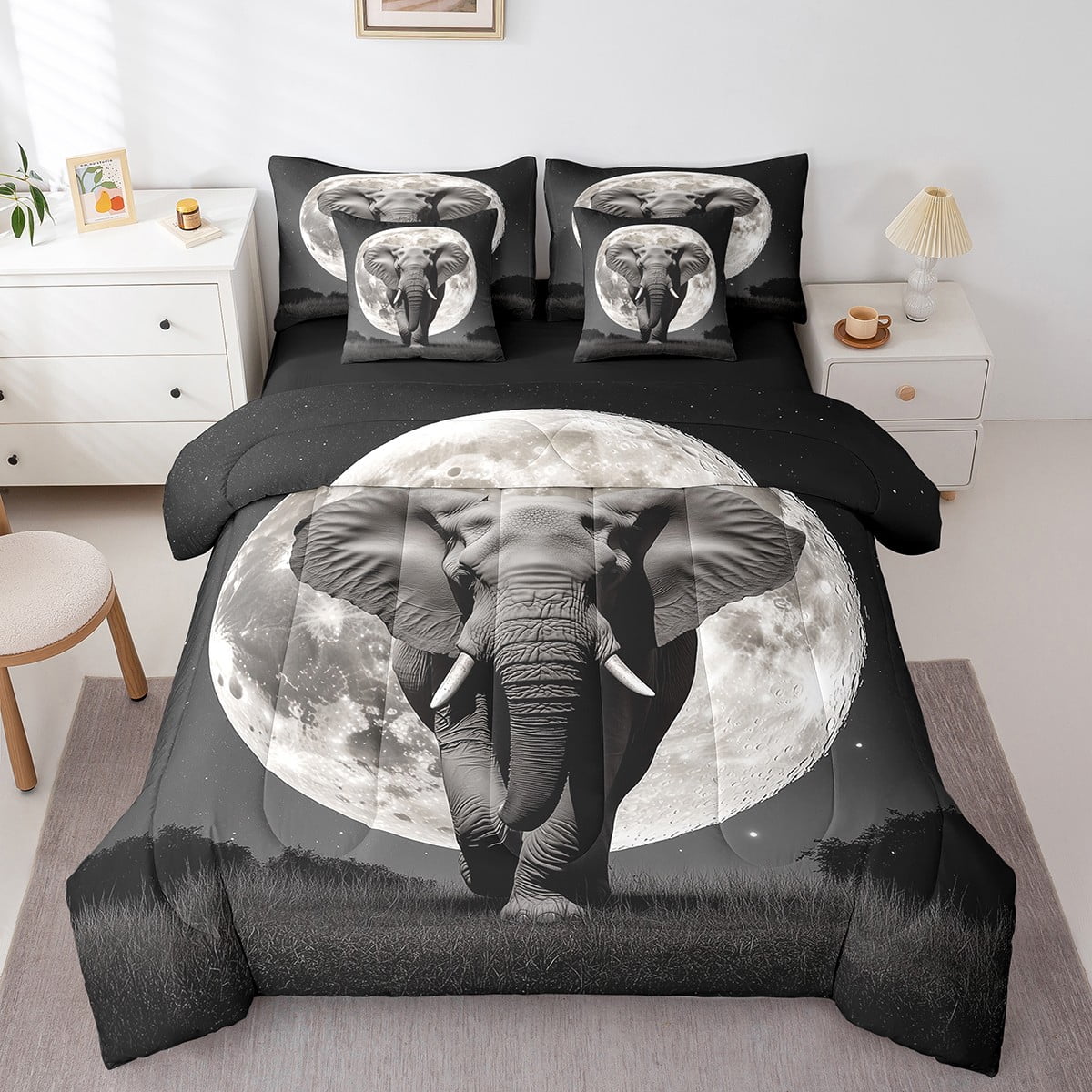 Elephant Bedding Queen Size 7Pcs,Animals Moon Printed Microfiber ...