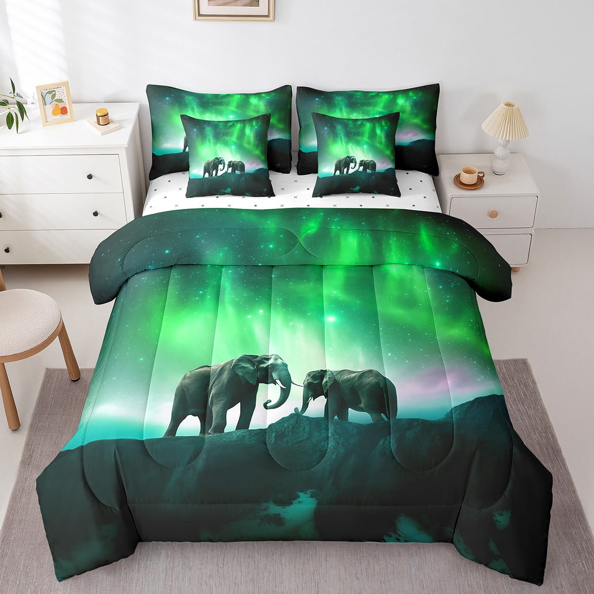 Elephant Bedding Sets 7 Piece Green Aurora Decor Bed in a Bag 3D Wild ...
