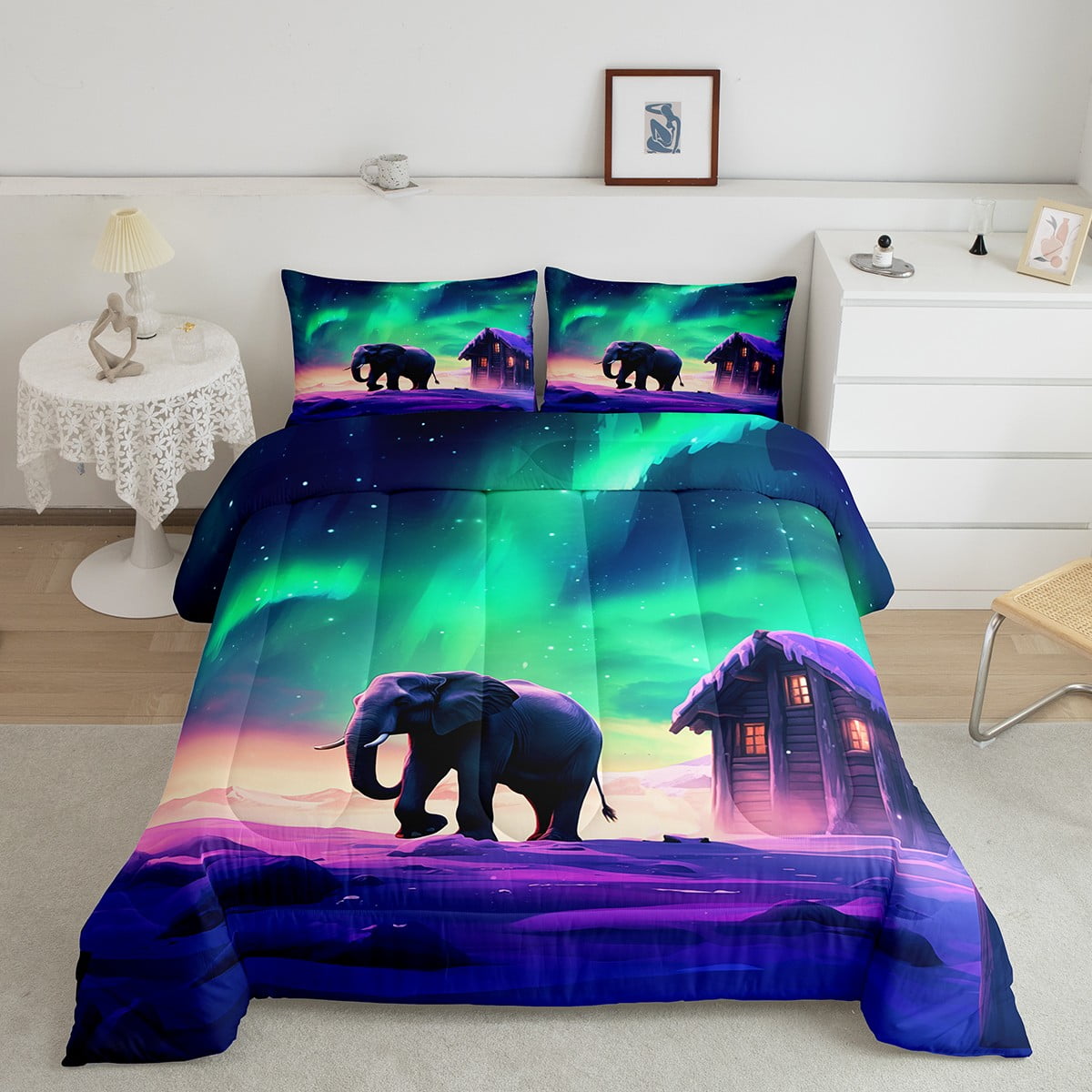 Elephant Bedding Sets Twin Size Green Aurora Decor Comforter Set 3D ...