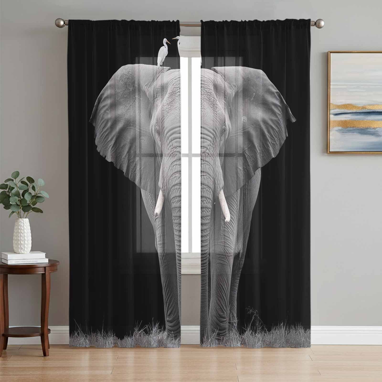 Elephant Bird Semi Sheer Curtains 96 Inch Length 2 Panels Set, Modern ...