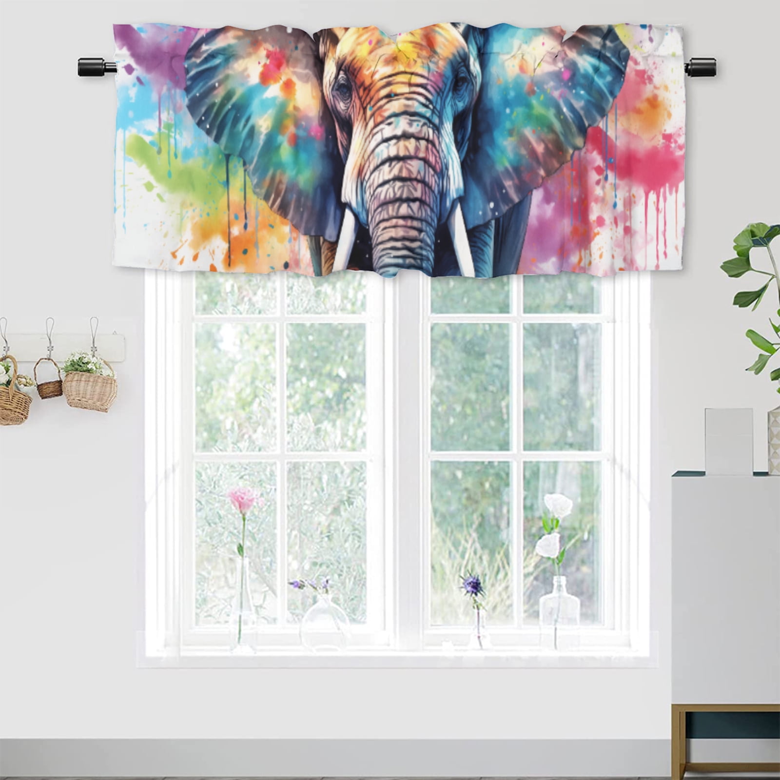 Elephant Blackout Curtain Valances Watercolor Elephant Painting Animal ...