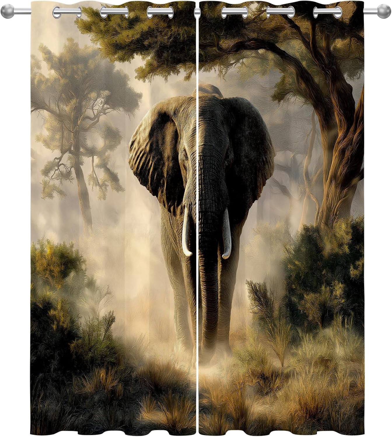 Elephant Blackout Curtains, African Savanna Wildlife Patterned Window ...
