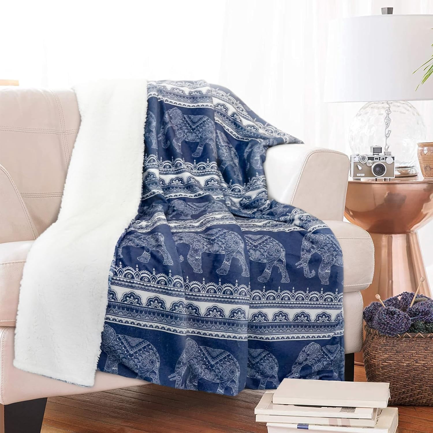 Elephant Blanket Sherpa Fleece Navy Blue Mandala Floral Blue Elephant ...