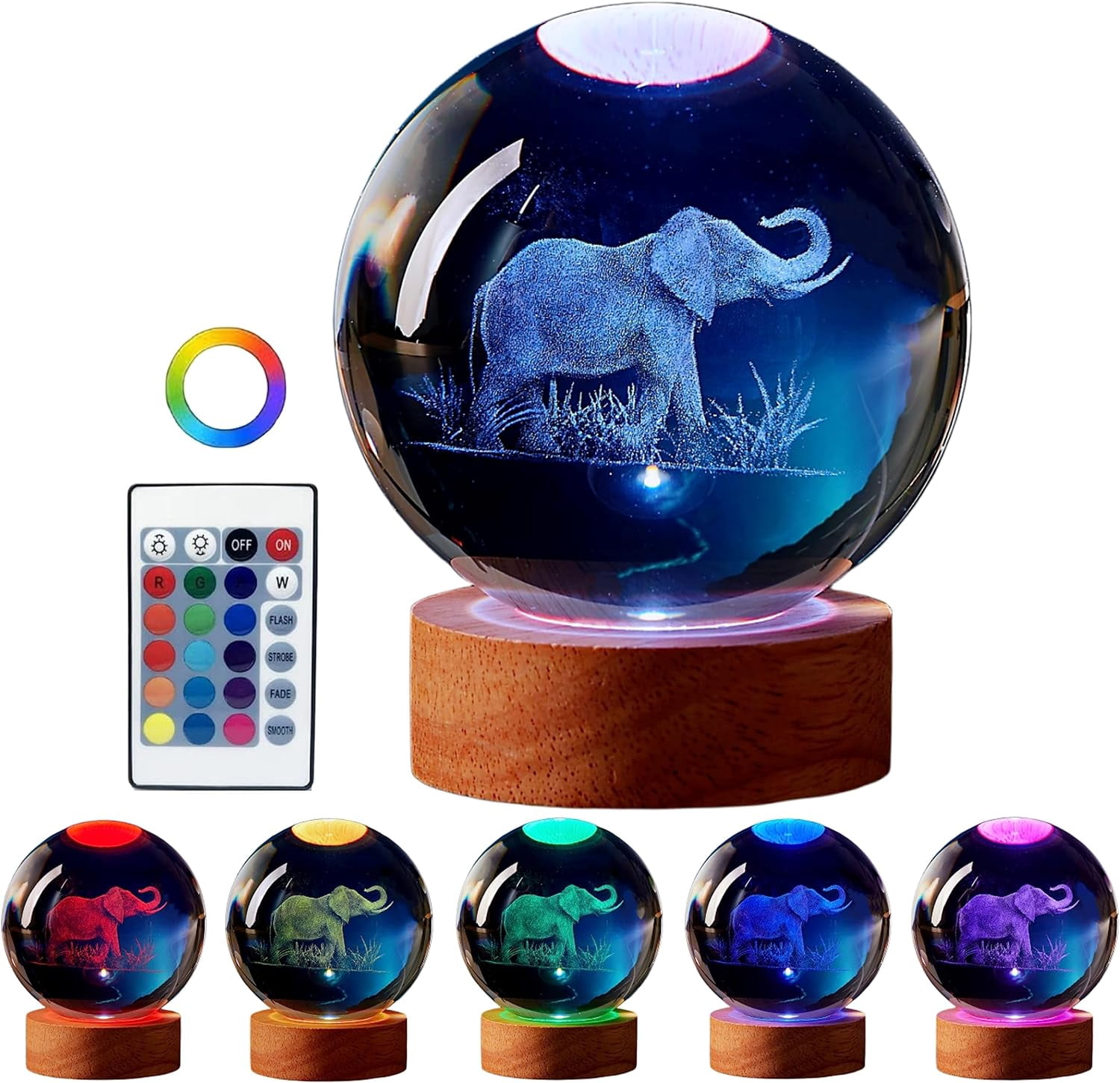 Elephant Crystal Ball Lamp, 3.15 inch, Night Light with Wooden LED Base ...