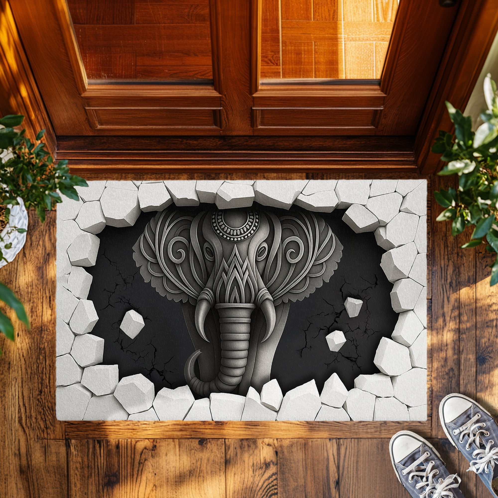 3D Elephant Doormat, Cracked Stone Design Welcome Mat with Tribal Art ...