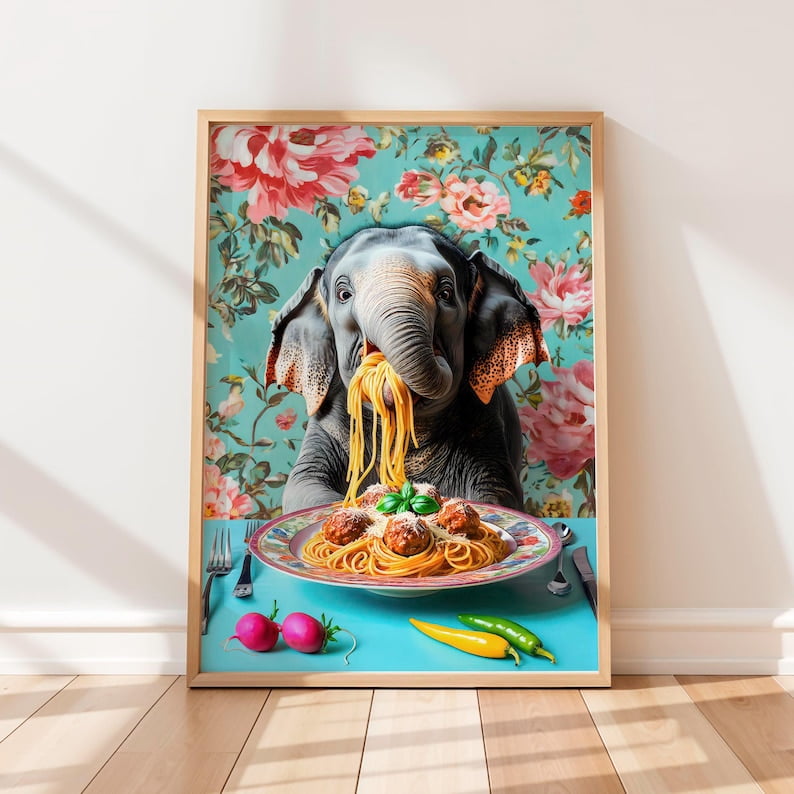 Elephant Eating Spaghetti Print: Funny Kitchen Wall Art 8x12 UNFRAMED ...