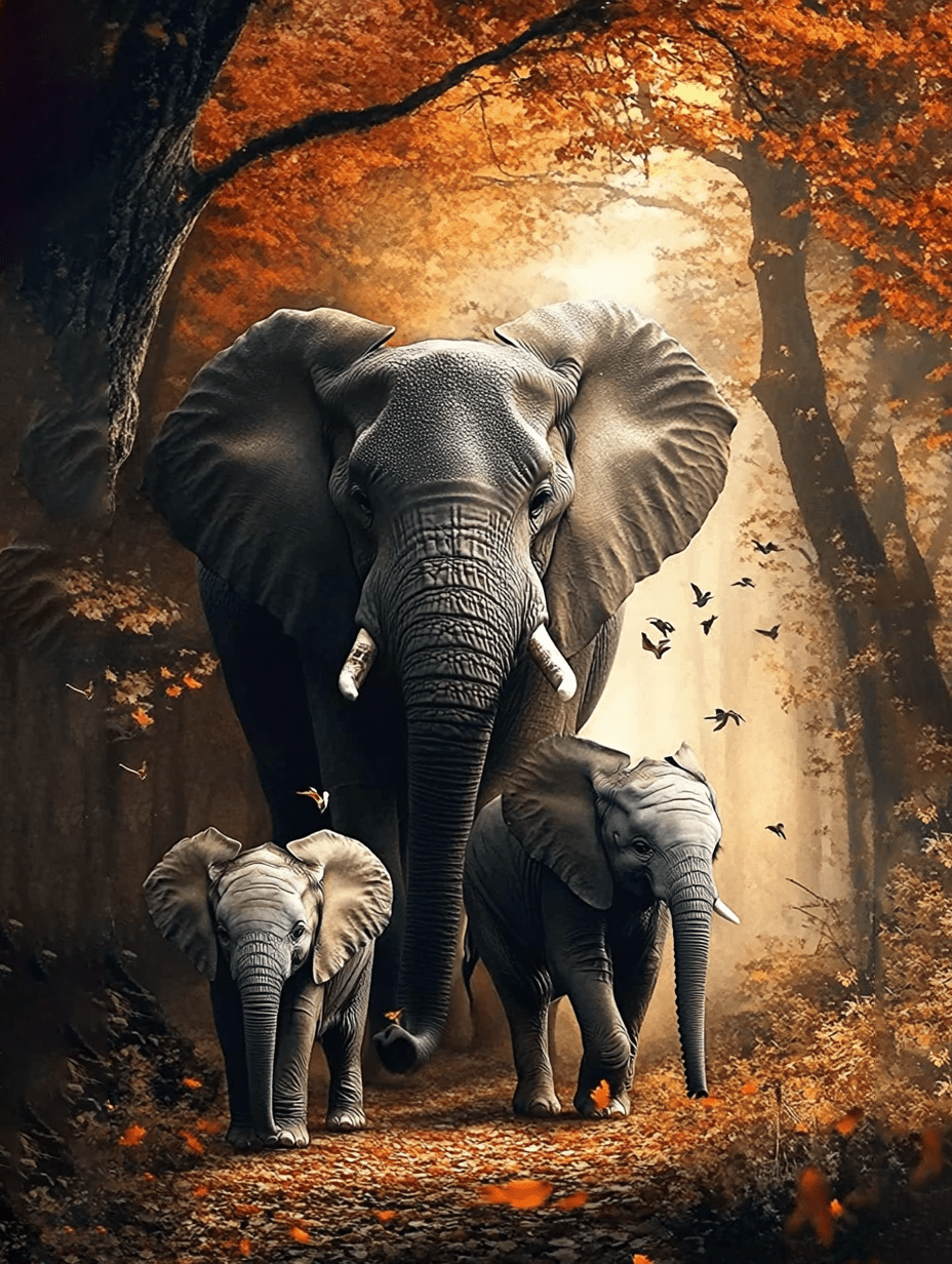 Elephant Family Autumn Forest Canvas Wall Art， Suitable for Living Room ...