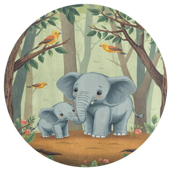 Elephant Family in The Forest. Round Carpet Rug for Living Room Bedroom ...