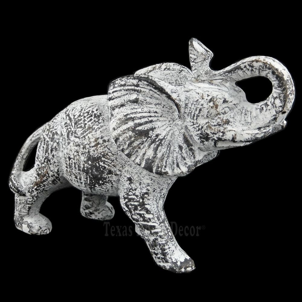 Elephant Figurine Feng Shui Statue Trunk Up Rustic White Cast Iron 5 3/ ...