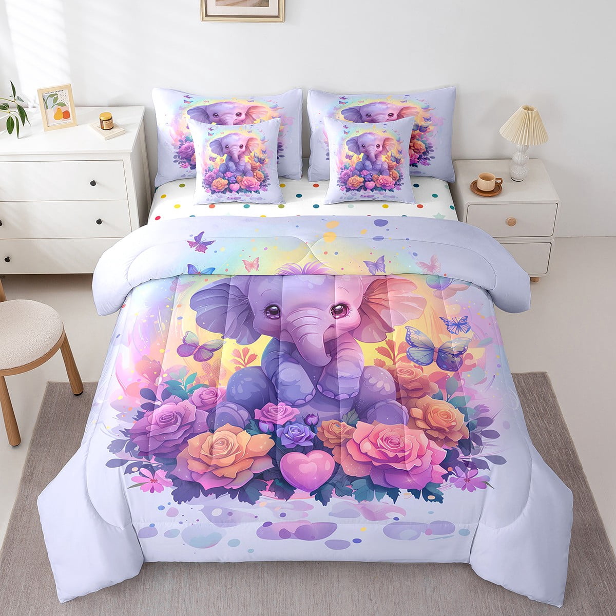 Elephant Flowers Comforter Set Botanical Purple Floral Full Bedding Set ...