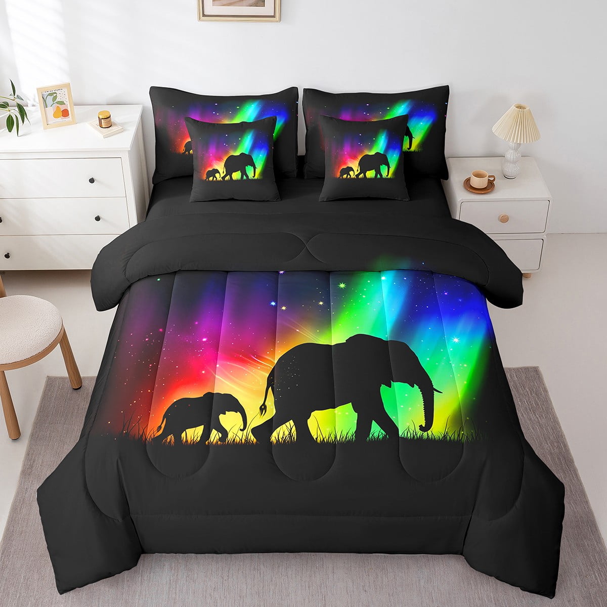 Elephant Full Bed in a Bag 7 Piece Green Yellow Aurora Decor Bedding ...
