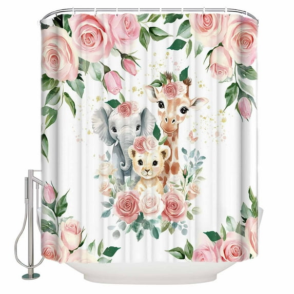 Elephant Giraffe Lion Bathroom Shower Curtains with 12 Hooks Polyester ...