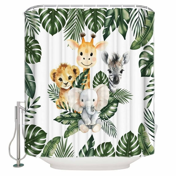 Elephant Giraffe Lion Bathroom Shower Curtains with 12 Hooks Polyester ...