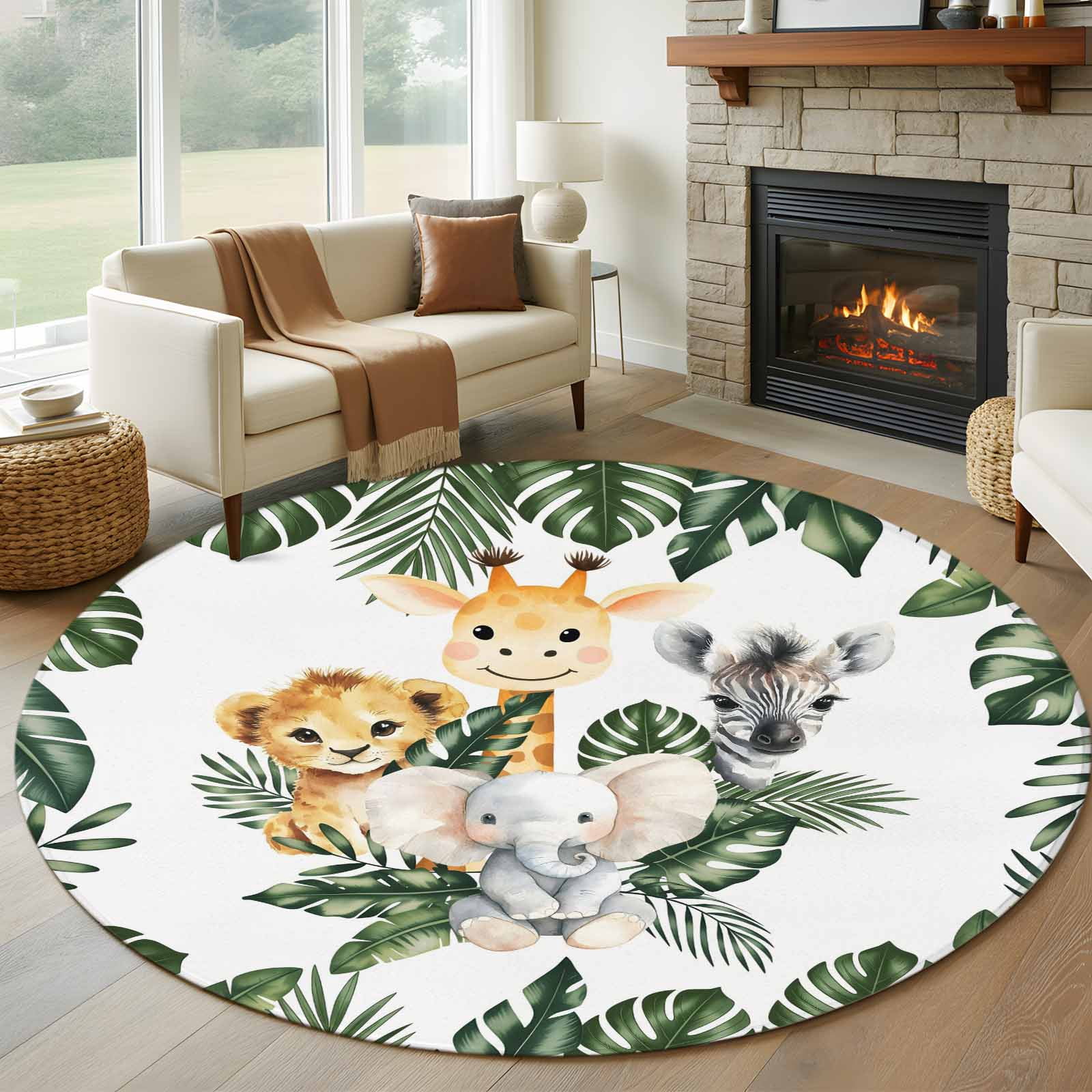 Elephant Giraffe Lion Round Area Rug 6 FT, Non Slip Bedroom Rugs ...