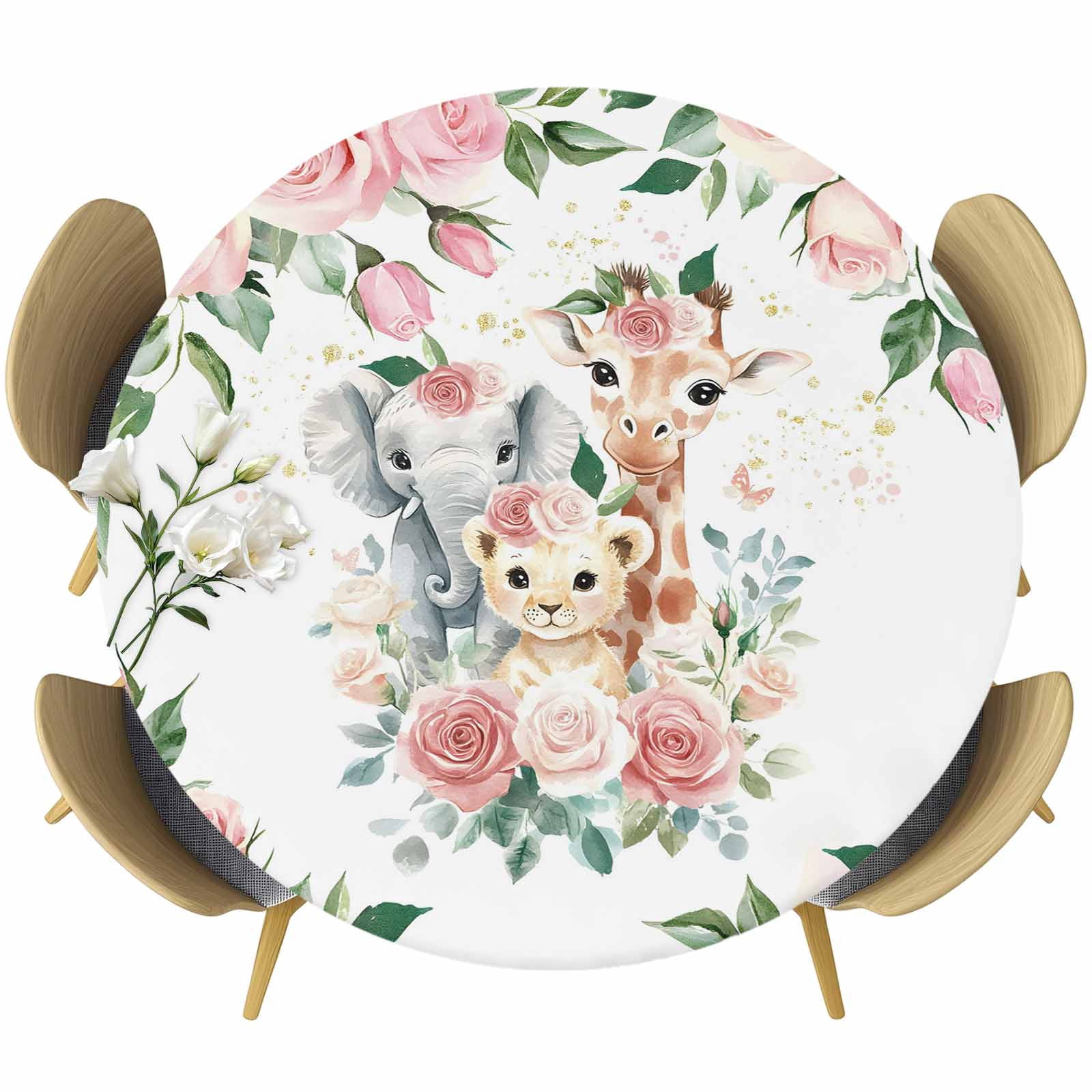 Elephant Giraffe Lion Round Tablecloth, Fitted Table Cover with Elastic ...