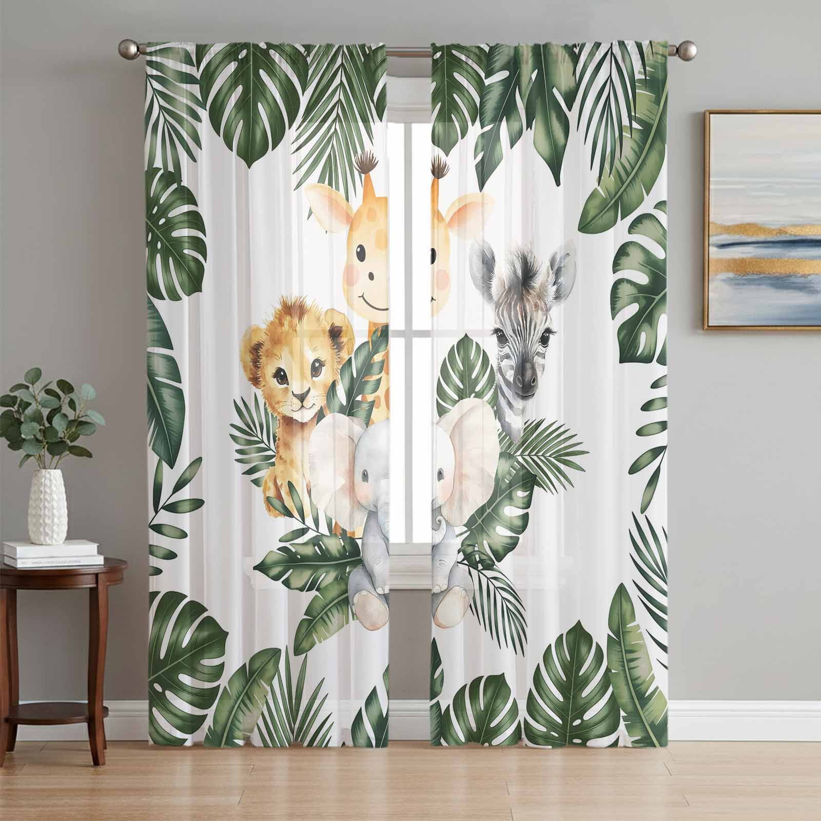 Elephant Giraffe Lion Semi Sheer Curtains 96 Inch Length 2 Panels Set ...