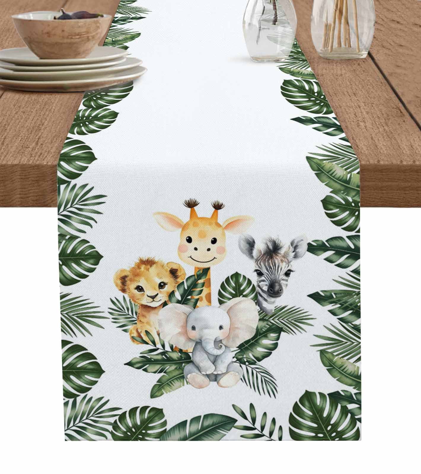 Elephant Giraffe Lion Table Runner 120 Inches, Eucalyptus Leaves Cute ...