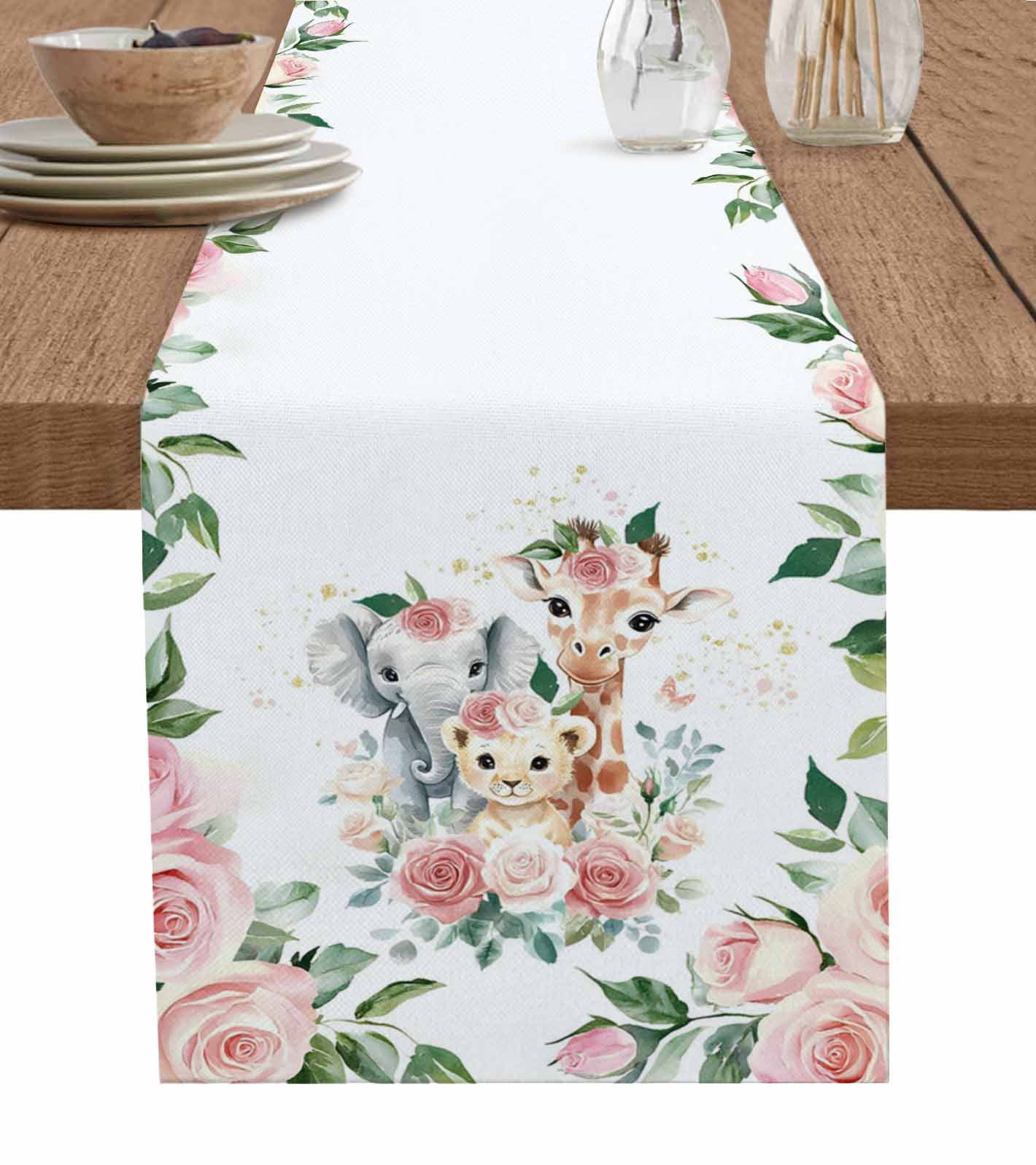 Elephant Giraffe Lion Table Runner 70 Inches, Botanical Flowers Leaves ...