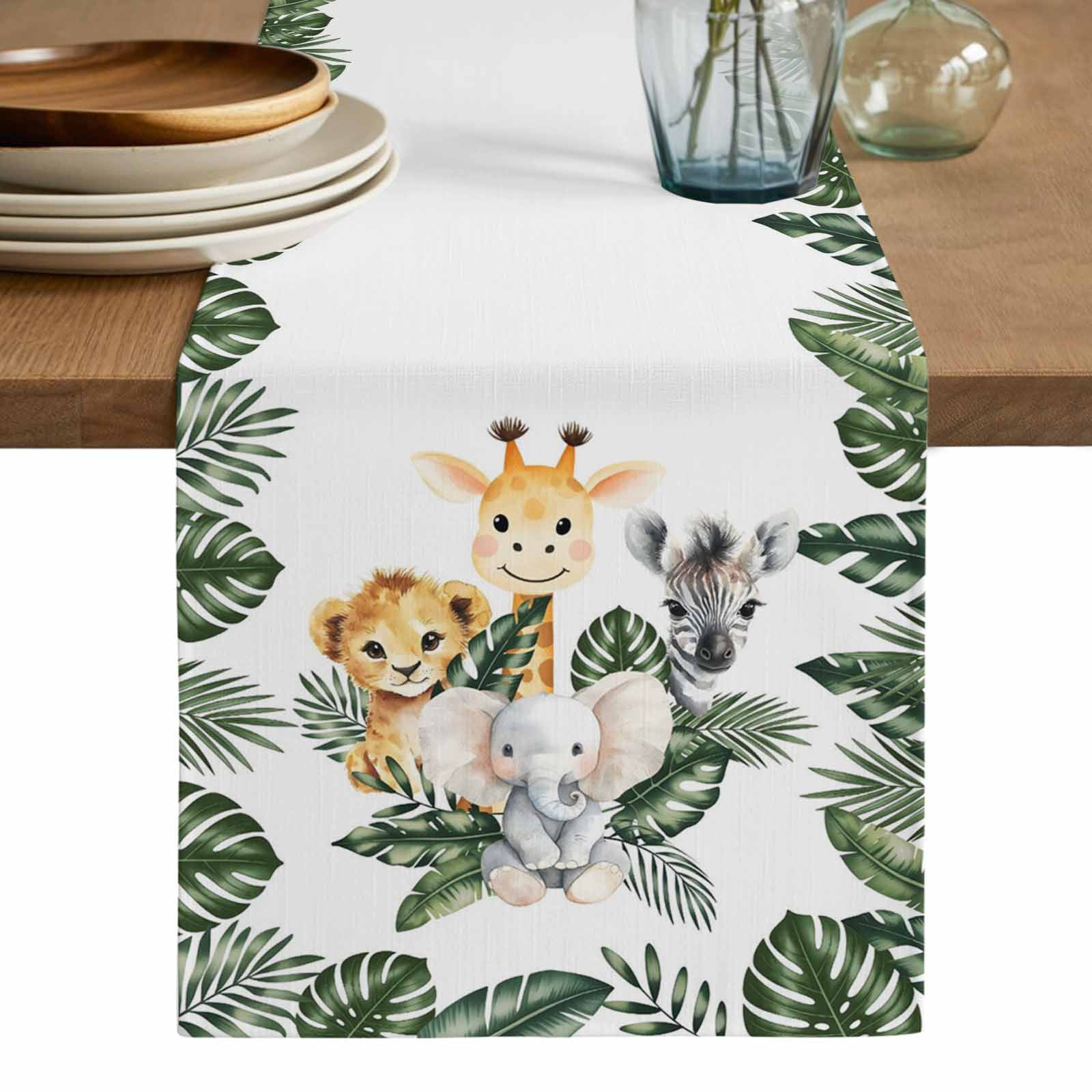 Elephant Giraffe Lion Table Runner, Eucalyptus Leaves Cute Animals ...