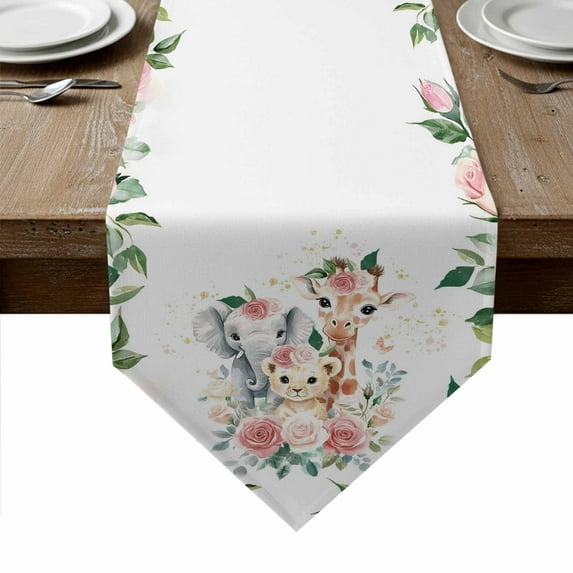 Elephant Giraffe Lion Table Runner Linen Burlap Table Runner 120 Inches ...