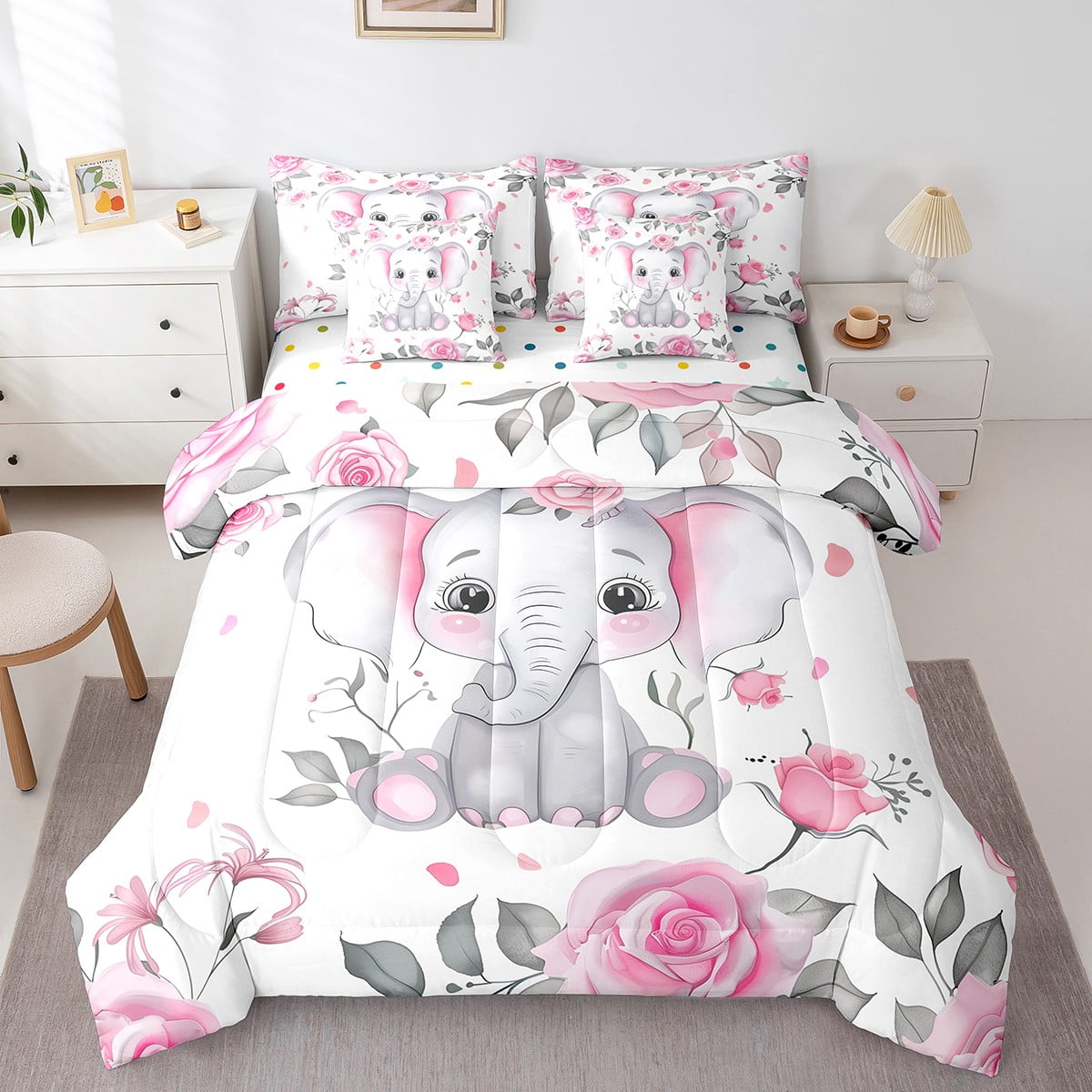 Elephant Girls Full Bedding Set 7 Piece Grey Leaves Pink Rose Flower ...