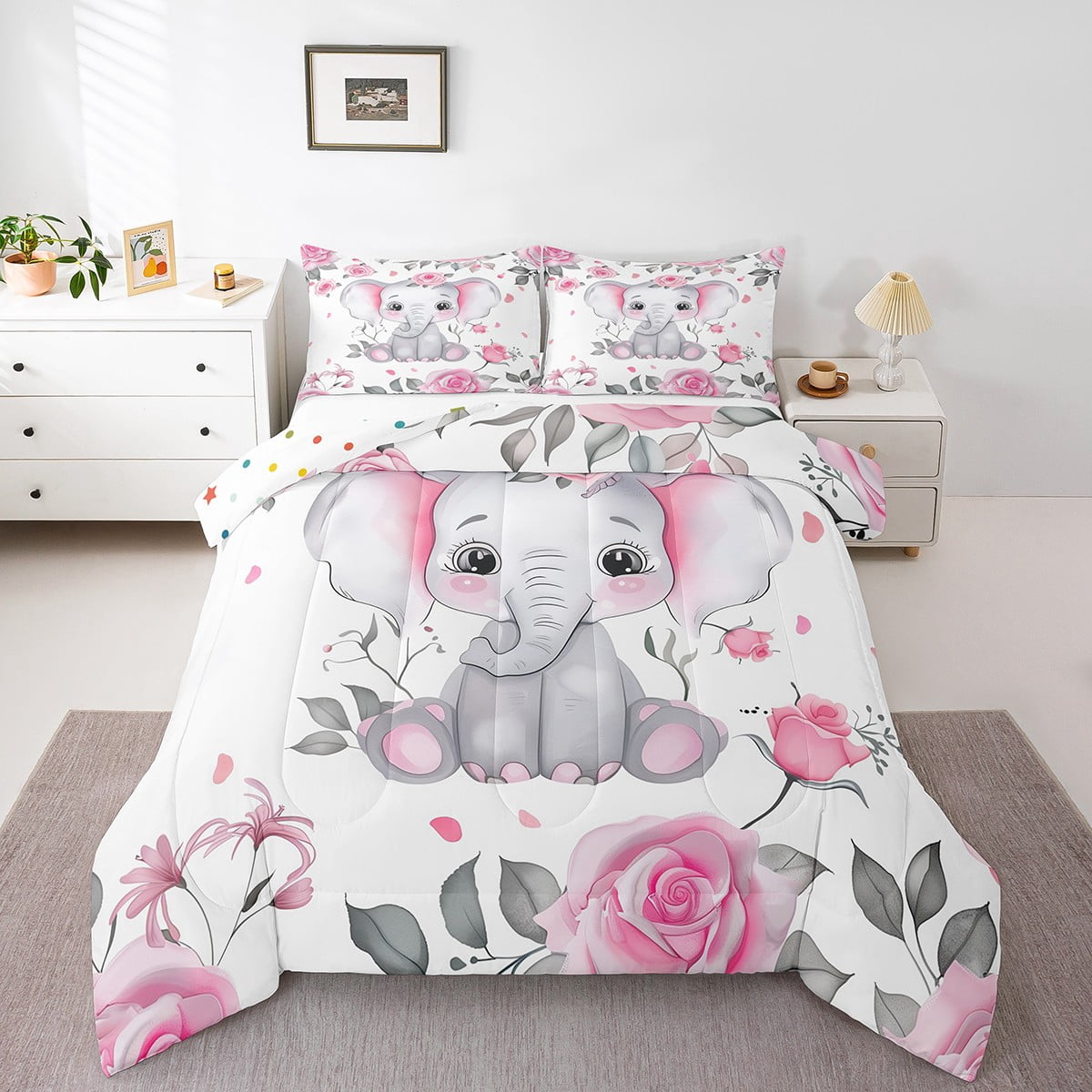Elephant Full Bedding Set Grey Leaves Pink Rose Flower Comforter Set ...