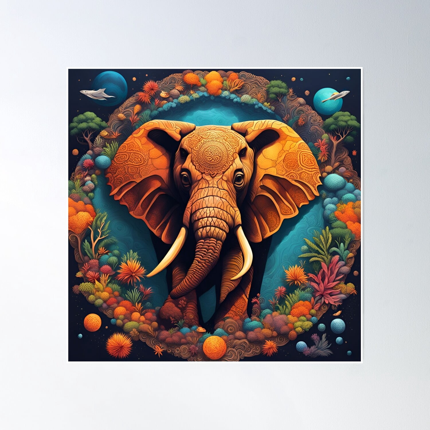 Elephant In Ecosystem With Flora And Planets Poster Wall Art, Modern ...