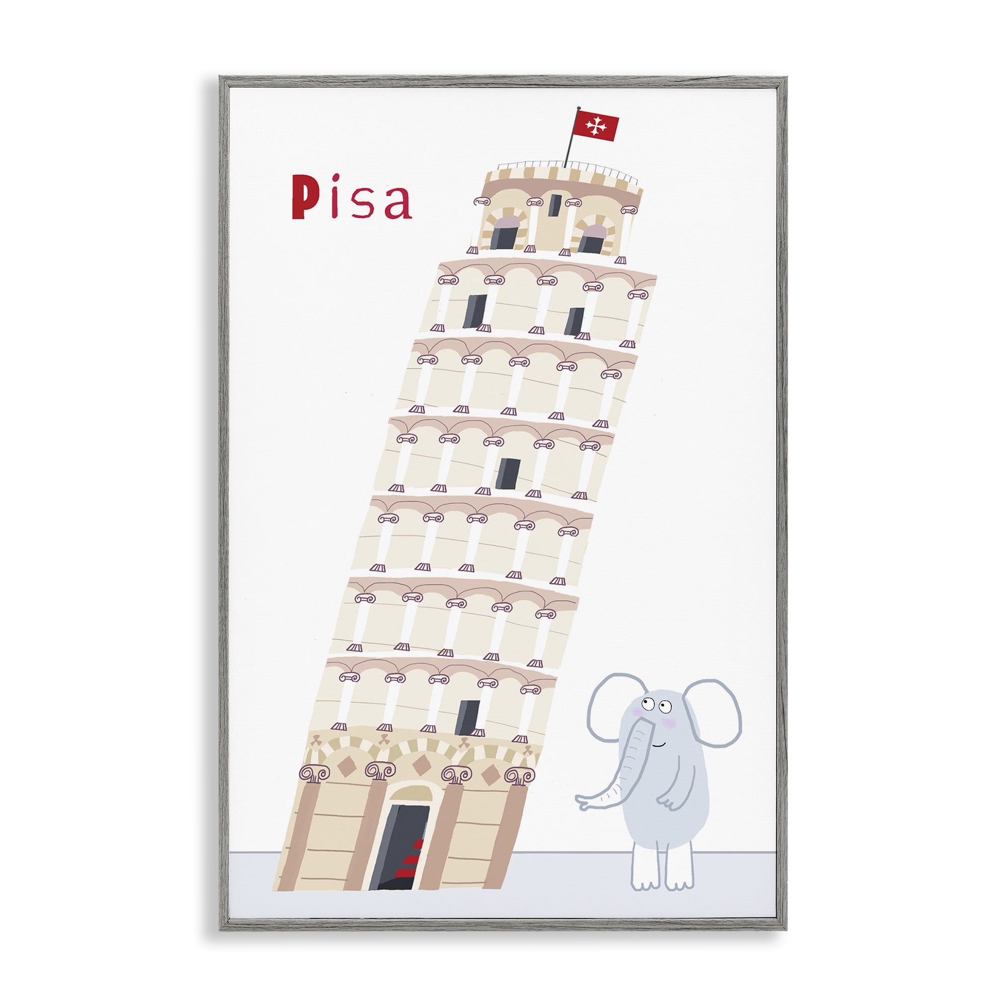 Elephant & Leaning Tower Pisa Gray Framed Giclee Art, design by Carla ...