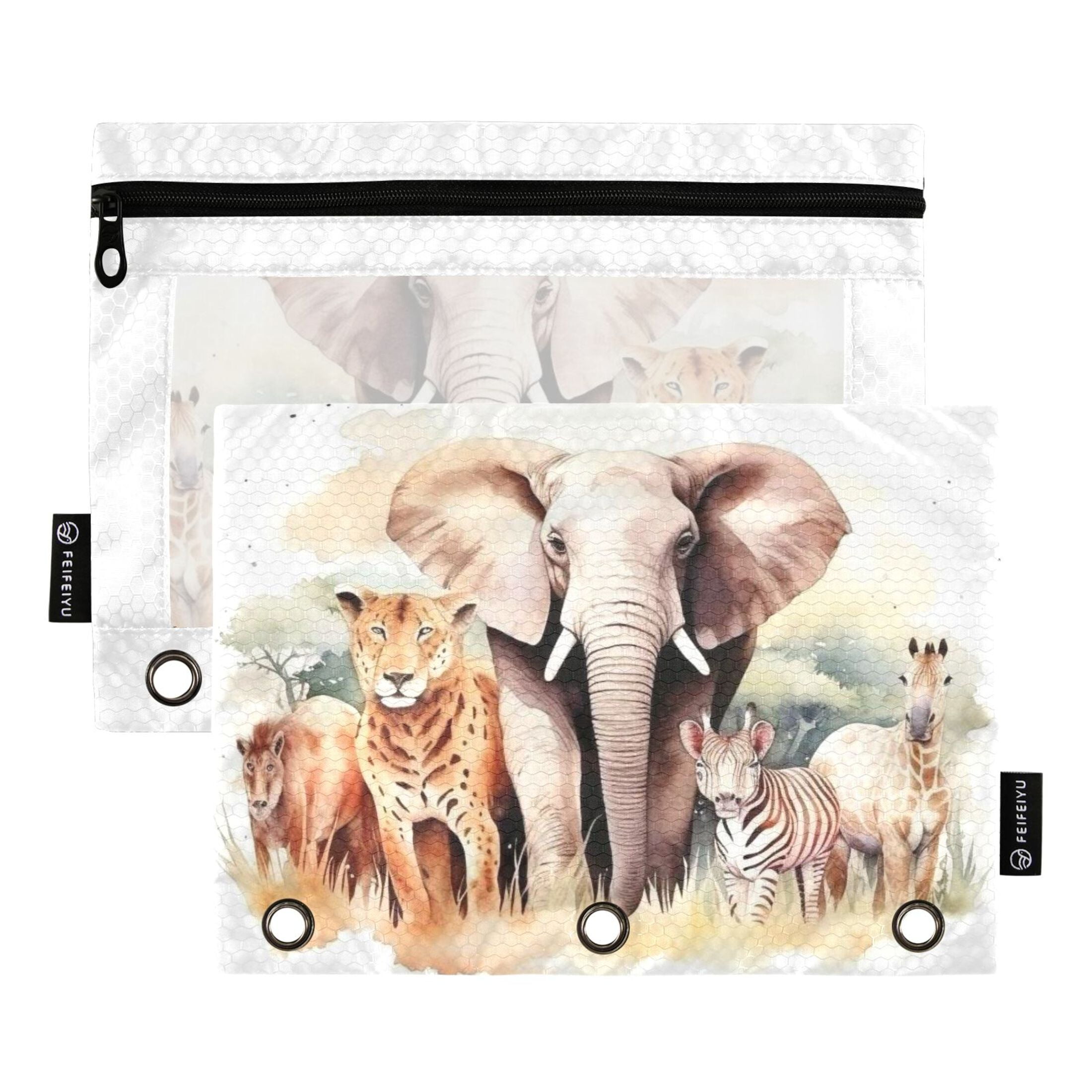 Elephant Lion Leopard Deer 2 Pack Pencil Pouch for 3 Ring Binder Smooth ...