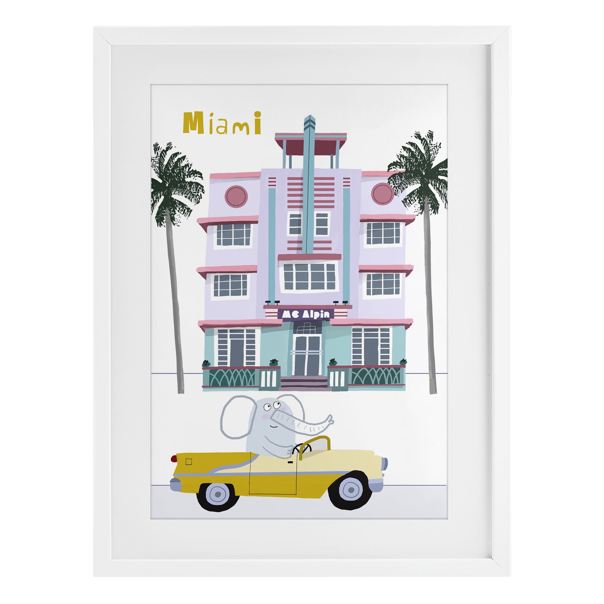 Elephant & Miami Hotel White Framed Print Under Glass, design by Carla ...