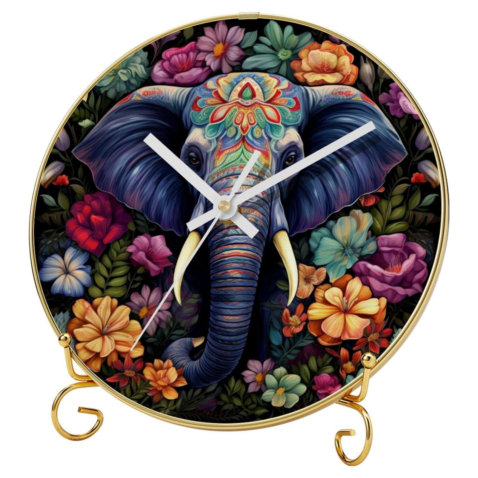 Elephant Modern Round Wall Clocks with Hooks and Gold Stand - Silent ...