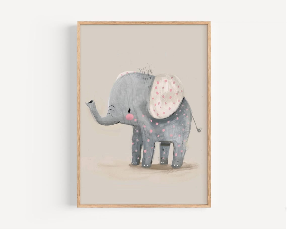 Elephant Nursery Poster: Gray Baby With Pink Polka Dots, Unframed ...