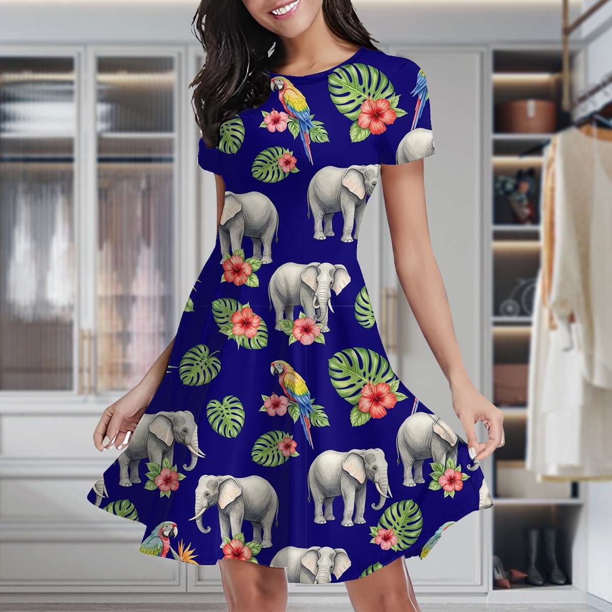 Elephant Parrot Floral Navy Print Women's Classic Swing Skater Dress ...